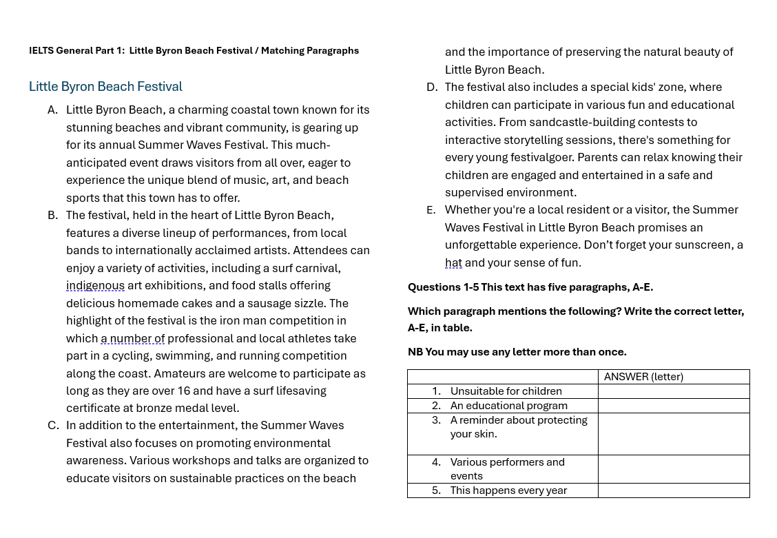IELTS General Reading Part 1 The Little Byron Beach Festival / Matching ...